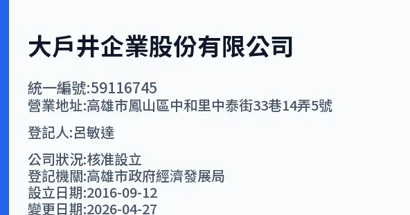 大戶井企業股份有限公司的照片-統編 59116745(高雄市) 公司登記資料與營業項目詳細圖表