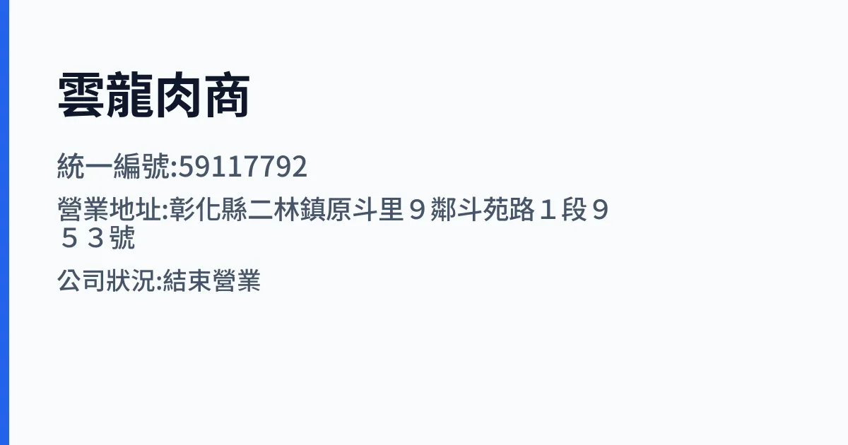 雲龍肉商 - 統編 59117792(彰化縣) 公司登記資料與營業項目詳細圖表