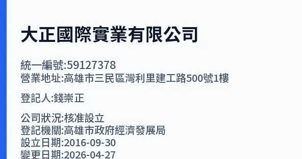 大正國際實業有限公司的照片-統編 59127378(高雄市) 公司登記資料與營業項目詳細圖表