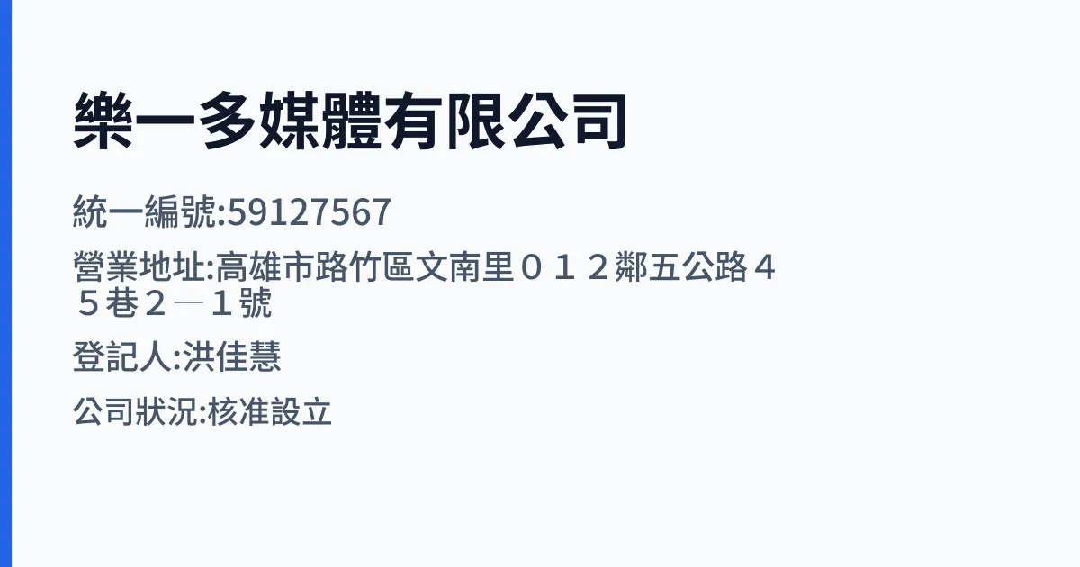 樂一多媒體有限公司 - 統編 59127567(高雄市) 公司登記資料與營業項目詳細圖表