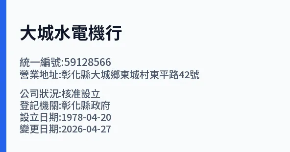 大城水電機行的照片-統編 59128566(彰化縣) 公司登記資料與營業項目詳細圖表