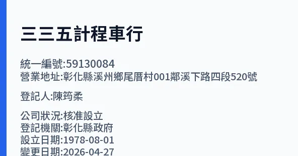 三三五計程車行的照片-統編 59130084(彰化縣) 公司登記資料與營業項目詳細圖表
