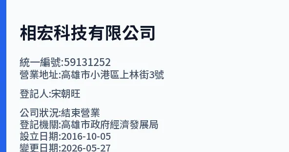 相宏科技有限公司的照片-統編 59131252(高雄市) 公司登記資料與營業項目詳細圖表