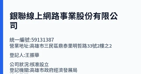 銀聯線上網路事業股份有限公司的照片-統編 59131387(高雄市) 公司登記資料與營業項目詳細圖表