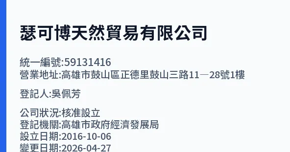 瑟可博天然貿易有限公司的照片-統編 59131416(高雄市) 公司登記資料與營業項目詳細圖表