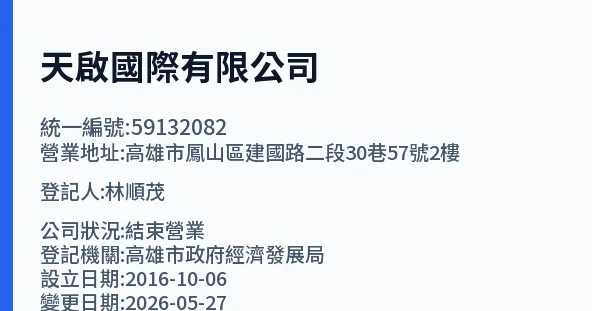 天啟國際有限公司的照片-統編 59132082(高雄市) 公司登記資料與營業項目詳細圖表