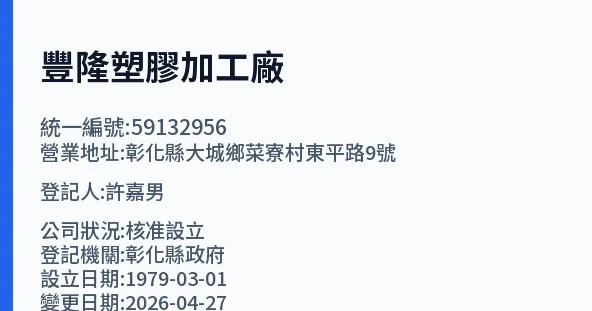 豐隆塑膠加工廠的照片-統編 59132956(彰化縣) 公司登記資料與營業項目詳細圖表