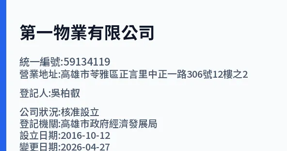 第一物業有限公司的照片-統編 59134119(高雄市) 公司登記資料與營業項目詳細圖表