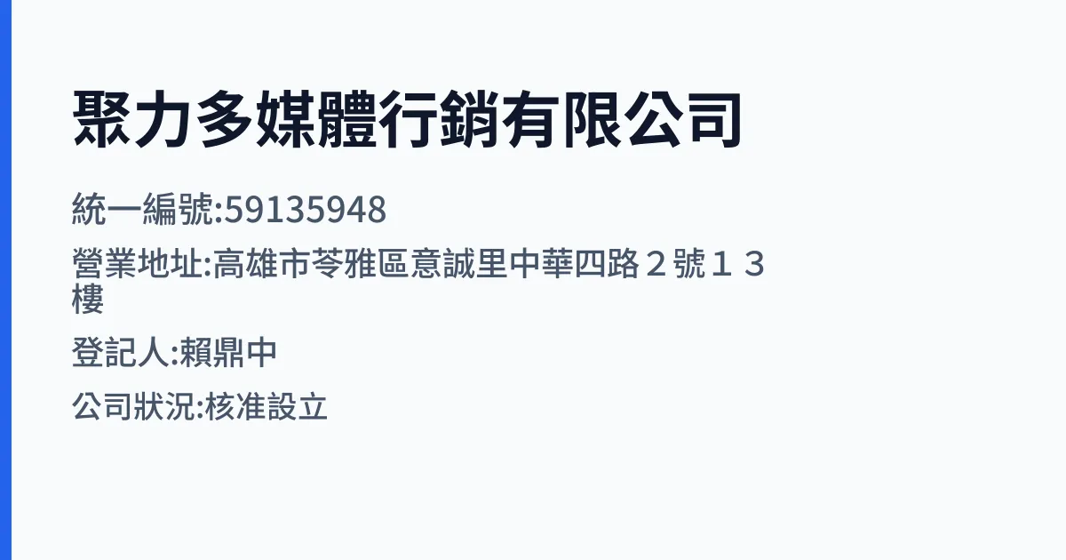 聚力多媒體行銷有限公司 - 統編 59135948(高雄市) 公司登記資料與營業項目詳細圖表