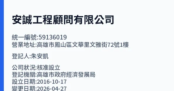 安誠工程顧問有限公司的照片-統編 59136019(高雄市) 公司登記資料與營業項目詳細圖表