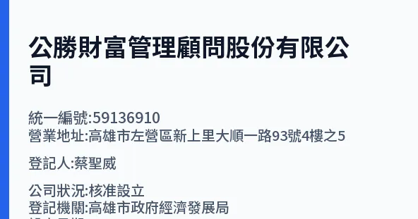 公勝財富管理顧問股份有限公司的照片-統編 59136910(高雄市) 公司登記資料與營業項目詳細圖表
