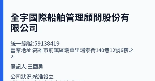 全宇國際船舶管理顧問股份有限公司的照片-統編 59138419(高雄市) 公司登記資料與營業項目詳細圖表