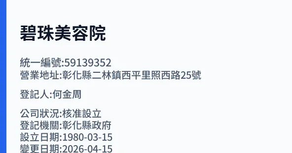 碧珠美容院的照片-統編 59139352(彰化縣) 公司登記資料與營業項目詳細圖表