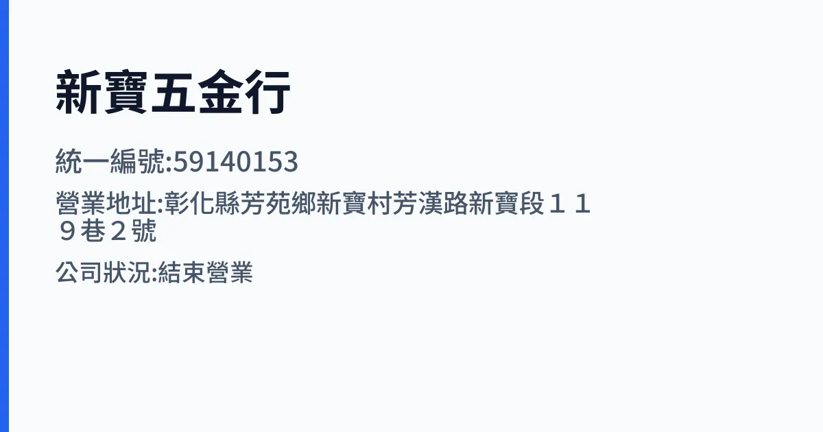 新寶五金行 - 統編 59140153(彰化縣) 公司登記資料與營業項目詳細圖表