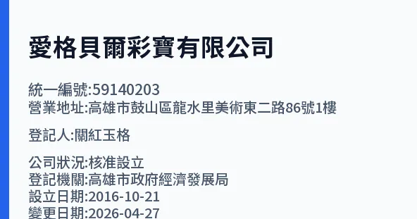 愛格貝爾彩寶有限公司的照片-統編 59140203(高雄市) 公司登記資料與營業項目詳細圖表
