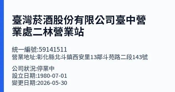 臺灣菸酒股份有限公司臺中營業處二林營業站的照片-統編 59141511(彰化縣) 公司登記資料與營業項目詳細圖表