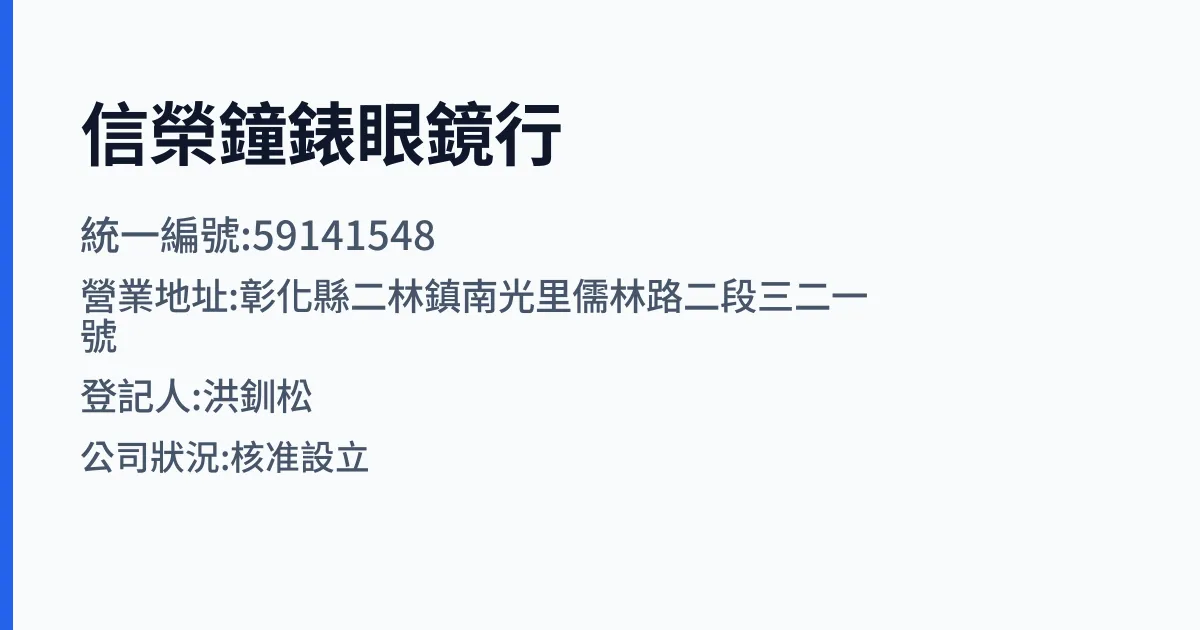 信榮鐘錶眼鏡行 - 統編 59141548(彰化縣) 公司登記資料與營業項目詳細圖表