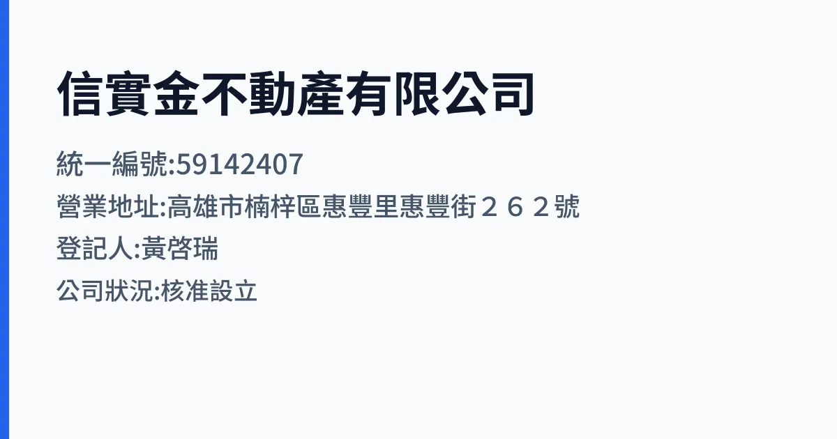 信實金不動產有限公司 - 統編 59142407(高雄市) 公司登記資料與營業項目詳細圖表