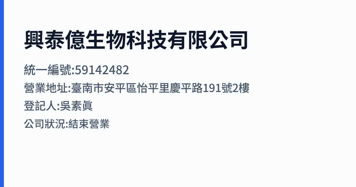 興泰億生物科技有限公司 - 統編 59142482(臺南市) 公司登記資料與營業項目詳細圖表