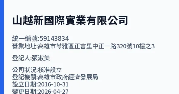 山越新國際實業有限公司的照片-統編 59143834(高雄市) 公司登記資料與營業項目詳細圖表