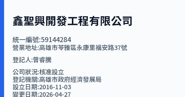 鑫聖興開發工程有限公司的照片-統編 59144284(高雄市) 公司登記資料與營業項目詳細圖表