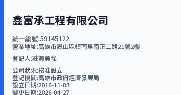 鑫富承工程有限公司的照片-統編 59145122(高雄市) 公司登記資料與營業項目詳細圖表