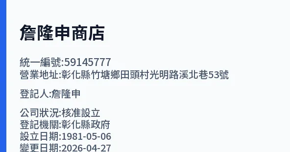 詹隆申商店的照片-統編 59145777(彰化縣) 公司登記資料與營業項目詳細圖表