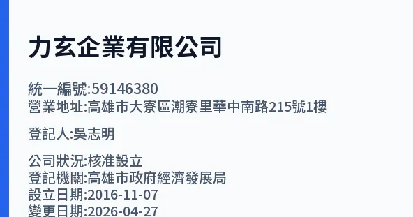 力玄企業有限公司的照片-統編 59146380(高雄市) 公司登記資料與營業項目詳細圖表