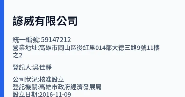 諺威有限公司的照片-統編 59147212(高雄市) 公司登記資料與營業項目詳細圖表