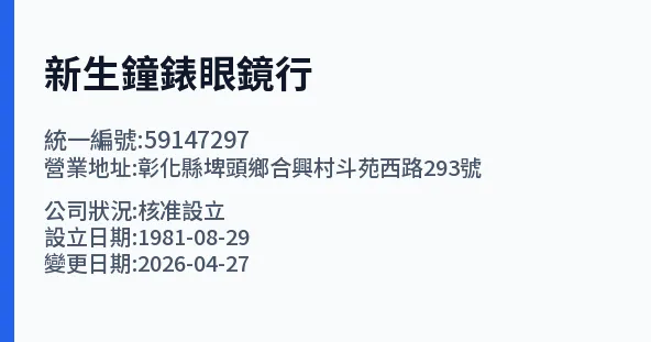 新生鐘錶眼鏡行的照片-統編 59147297(彰化縣) 公司登記資料與營業項目詳細圖表