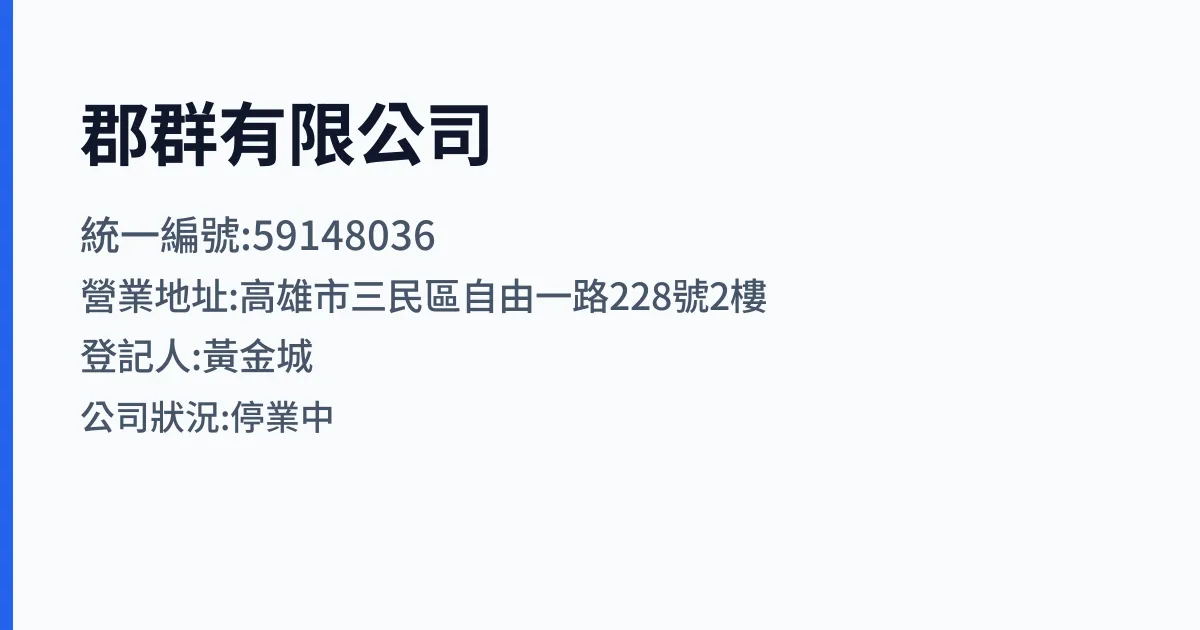 郡群有限公司 - 統編 59148036(高雄市) 公司登記資料與營業項目詳細圖表