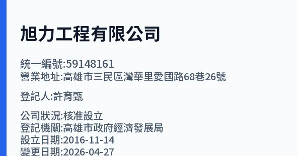 旭力工程有限公司的照片-統編 59148161(高雄市) 公司登記資料與營業項目詳細圖表