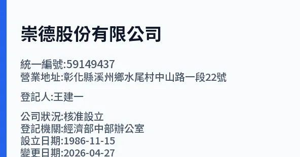 崇德股份有限公司的照片-統編 59149437(彰化縣) 公司登記資料與營業項目詳細圖表