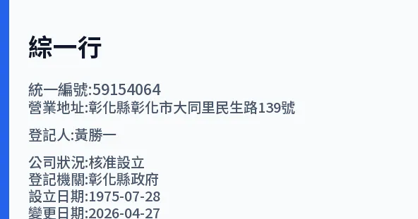 綜一行的照片-統編 59154064(彰化縣) 公司登記資料與營業項目詳細圖表
