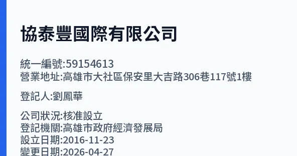 協泰豐國際有限公司的照片-統編 59154613(高雄市) 公司登記資料與營業項目詳細圖表