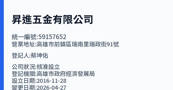 昇進五金有限公司的照片-統編 59157652(高雄市) 公司登記資料與營業項目詳細圖表