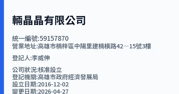 輛晶晶有限公司的照片-統編 59157870(高雄市) 公司登記資料與營業項目詳細圖表