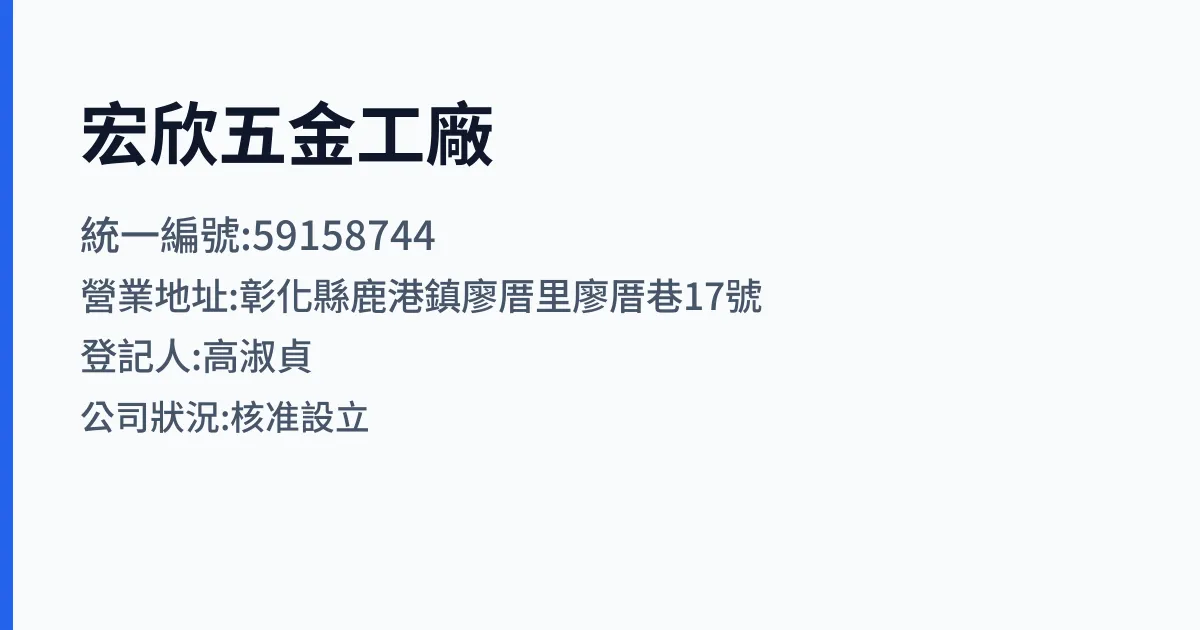 宏欣五金工廠 - 統編 59158744(彰化縣) 公司登記資料與營業項目詳細圖表