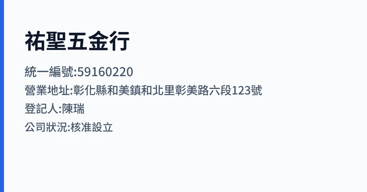 祐聖五金行 - 統編 59160220(彰化縣) 公司登記資料與營業項目詳細圖表