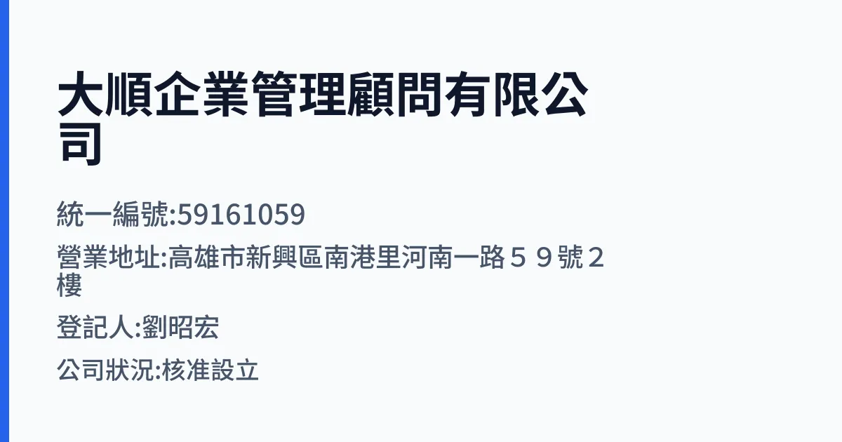 大順企業管理顧問有限公司 - 統編 59161059(高雄市) 公司登記資料與營業項目詳細圖表