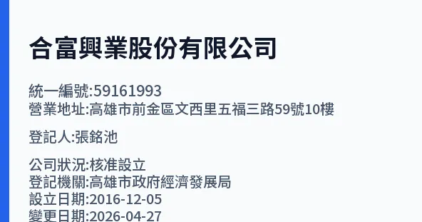 合富興業股份有限公司的照片-統編 59161993(高雄市) 公司登記資料與營業項目詳細圖表