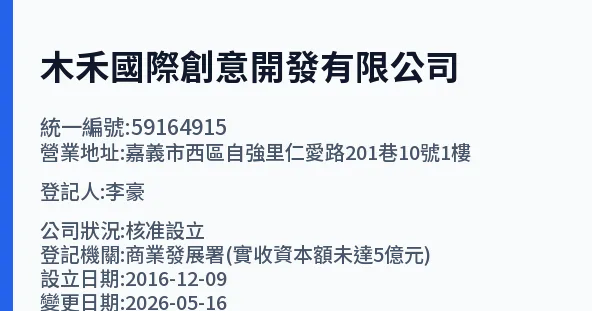 木禾國際創意開發有限公司的照片-統編 59164915(嘉義市) 公司登記資料與營業項目詳細圖表