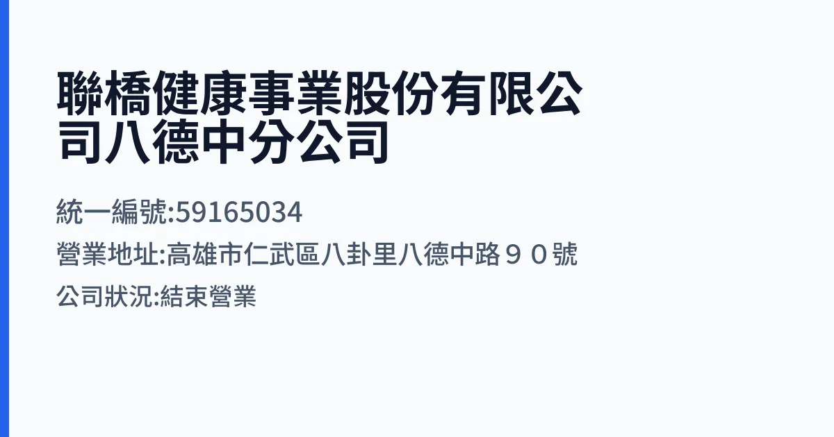 聯橋健康事業股份有限公司八德中分公司 - 統編 59165034(高雄市) 公司登記資料與營業項目詳細圖表
