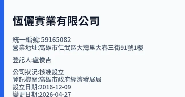 恆儷實業有限公司的照片-統編 59165082(高雄市) 公司登記資料與營業項目詳細圖表