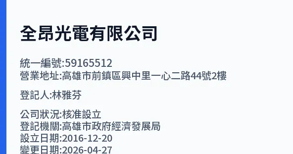 全昂光電有限公司的照片-統編 59165512(高雄市) 公司登記資料與營業項目詳細圖表