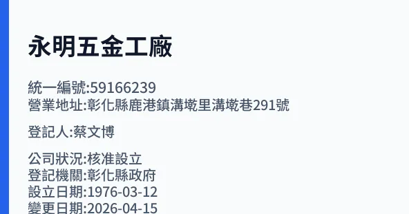 永明五金工廠的照片-統編 59166239(彰化縣) 公司登記資料與營業項目詳細圖表