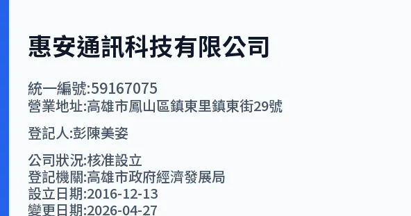 惠安通訊科技有限公司的照片-統編 59167075(高雄市) 公司登記資料與營業項目詳細圖表
