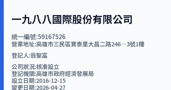 一九八八國際股份有限公司的照片-統編 59167526(高雄市) 公司登記資料與營業項目詳細圖表