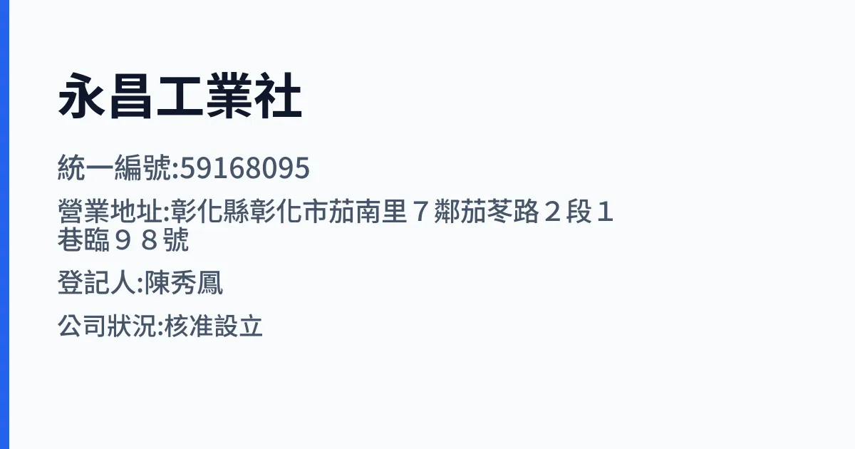 永昌工業社 - 統編 59168095(彰化縣) 公司登記資料與營業項目詳細圖表