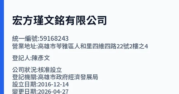 宏方瑾文銘有限公司的照片-統編 59168243(高雄市) 公司登記資料與營業項目詳細圖表